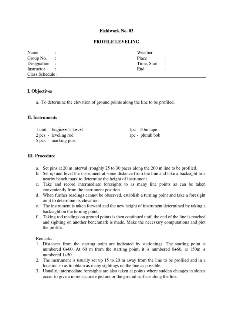 Fieldwork No. 3 (Profile Leveling) | PDF | Observational Error | Field Research