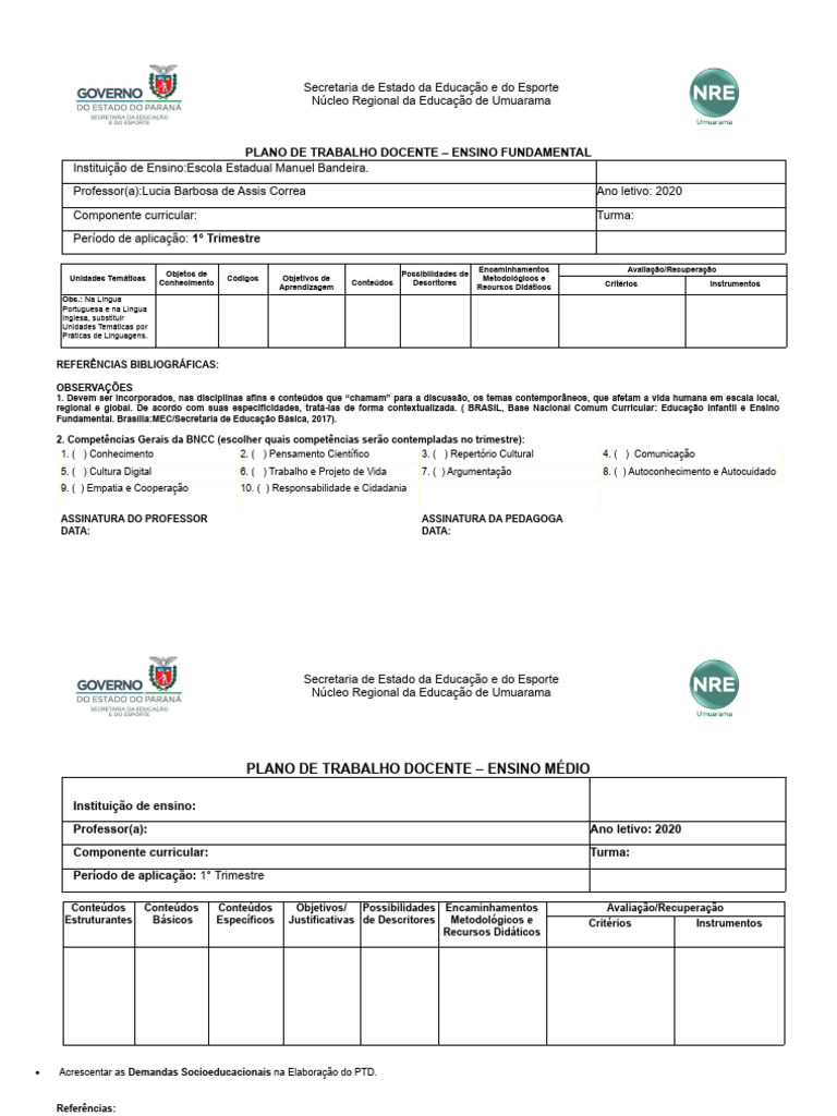 Modelo PTD e Plano de Aula 2020 Final | PDF | Pedagogia