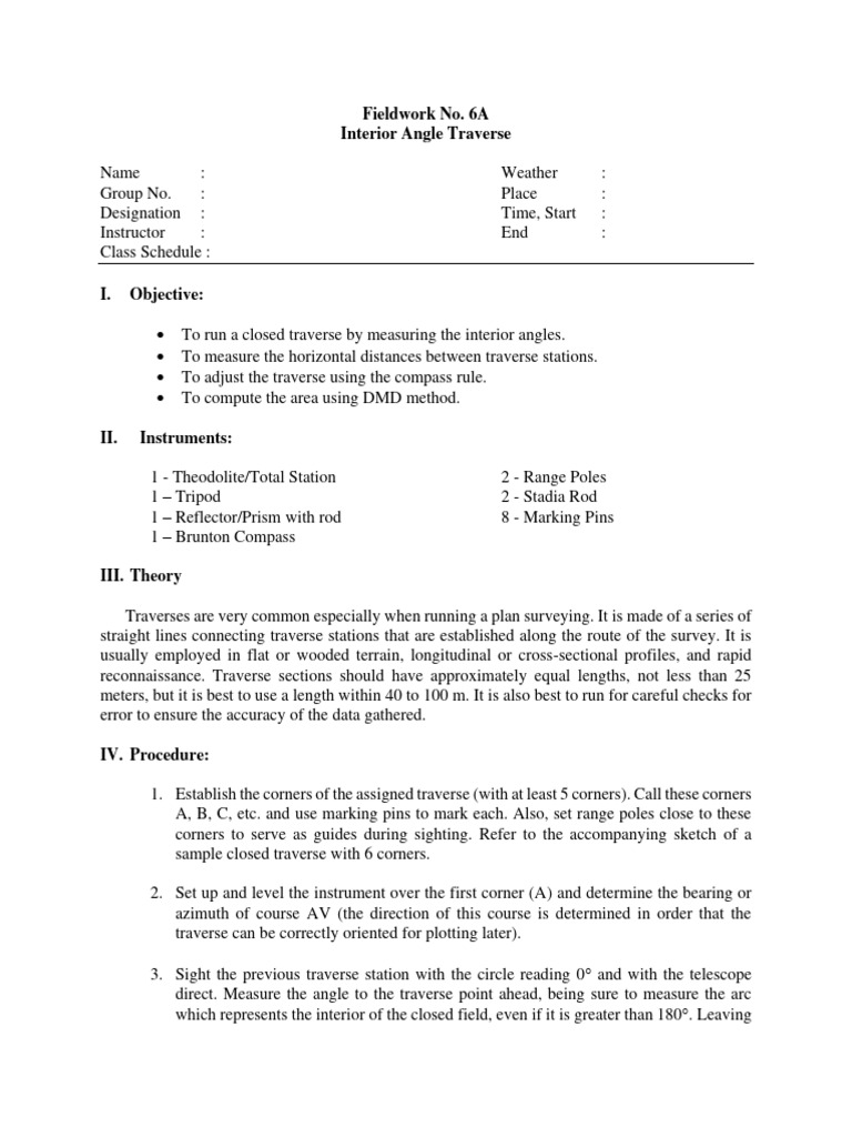 Fieldwork No. 6a (Interior Angle Traverse) | PDF | Surveying | Metrology