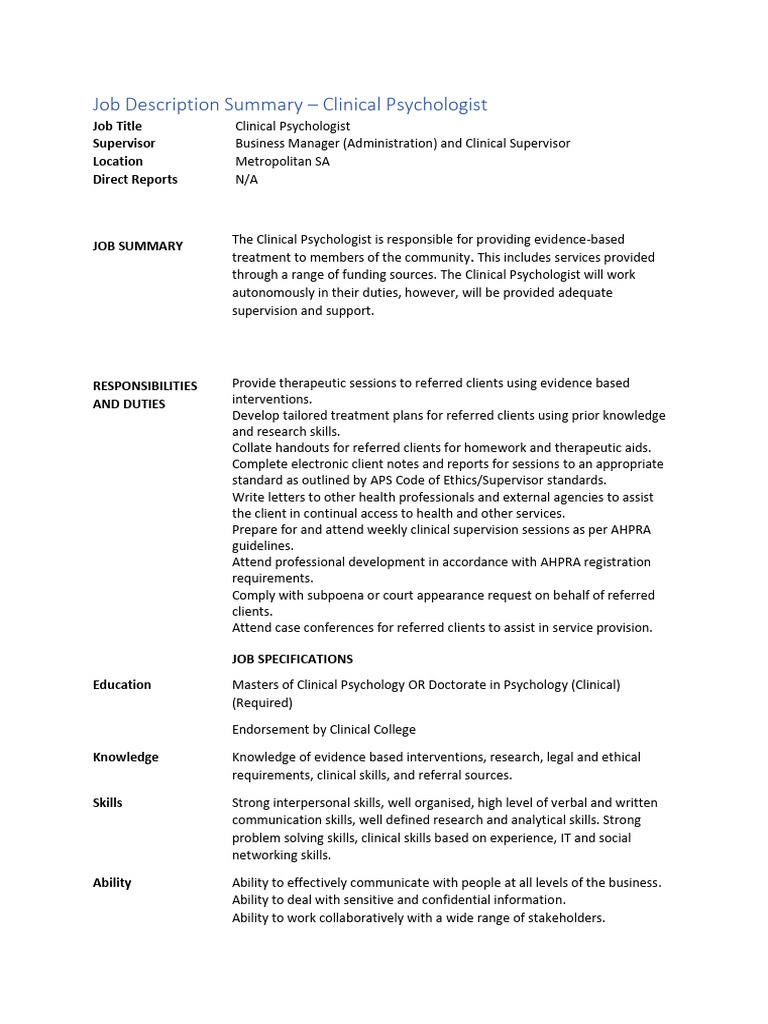 Clinical Psychologist Job Description | PDF | Psychologist | Clinical ...