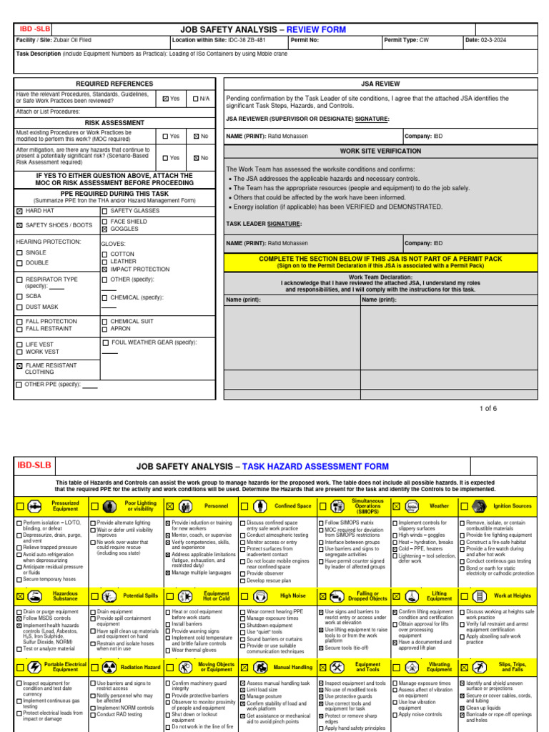 JSA For Loading in ZB-481 | PDF | Personal Protective Equipment | Crane ...