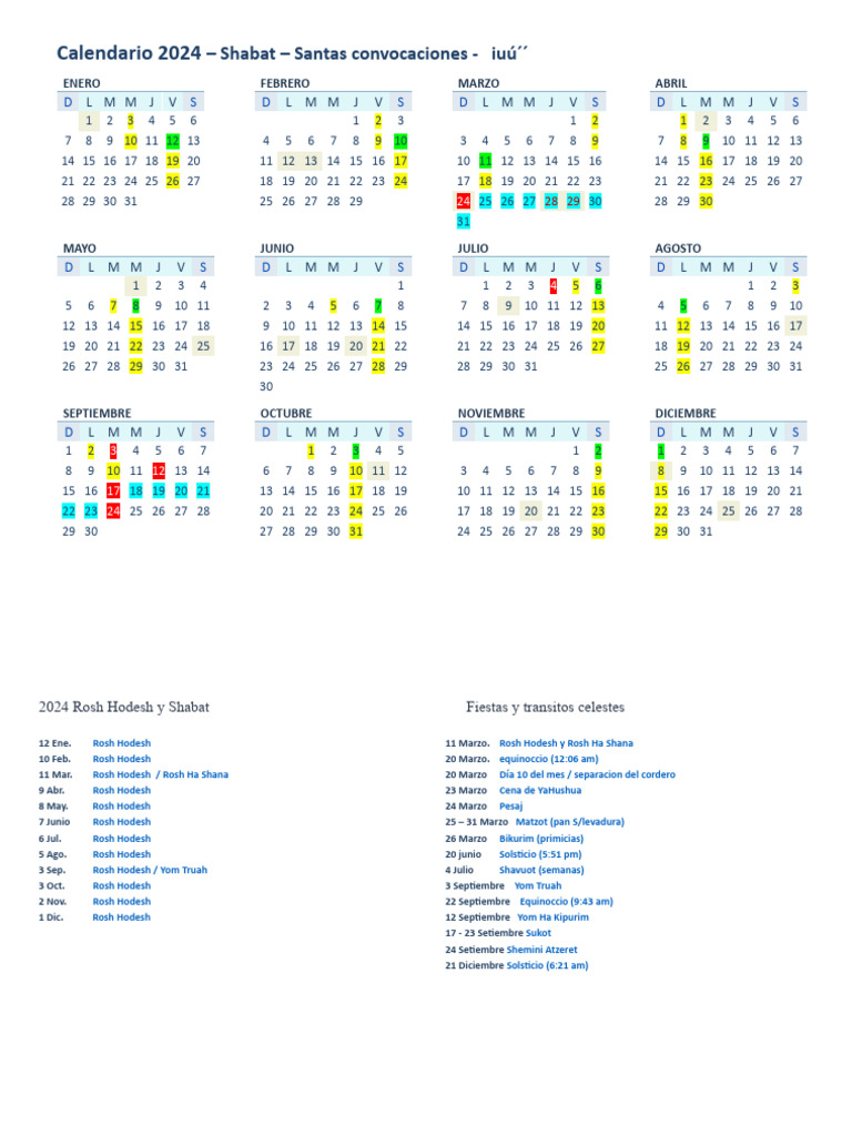 Calendario 2024 Rosh Hodesh, Fiestas y Transitos Celestiales | PDF ...
