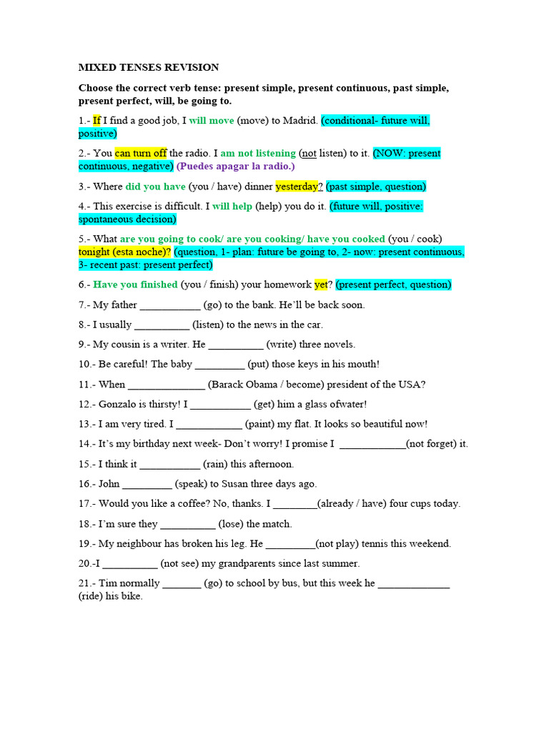 MIXED TENSES REVISION A2 | PDF