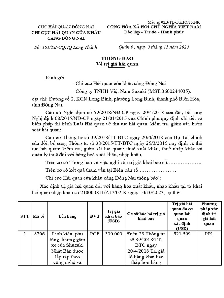 Mẫu 02B- Thông báo về trị giá hải quan | PDF