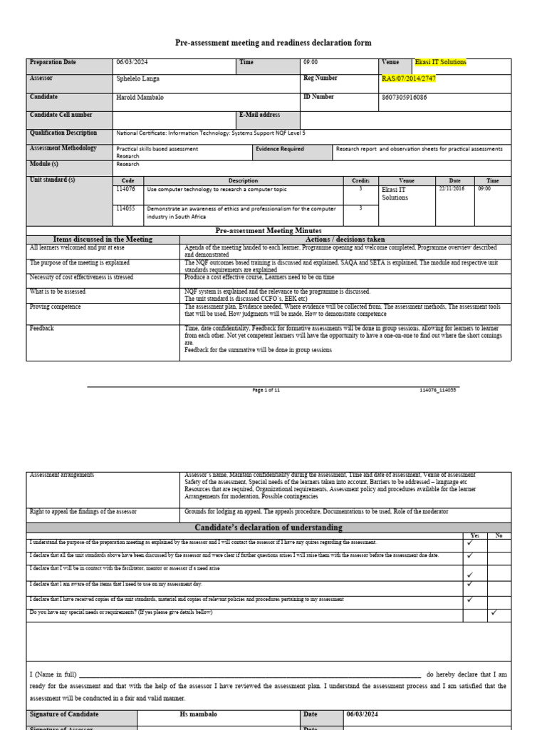 Pre Assessment Meeting and Readiness Dec | PDF | Data | Mentorship