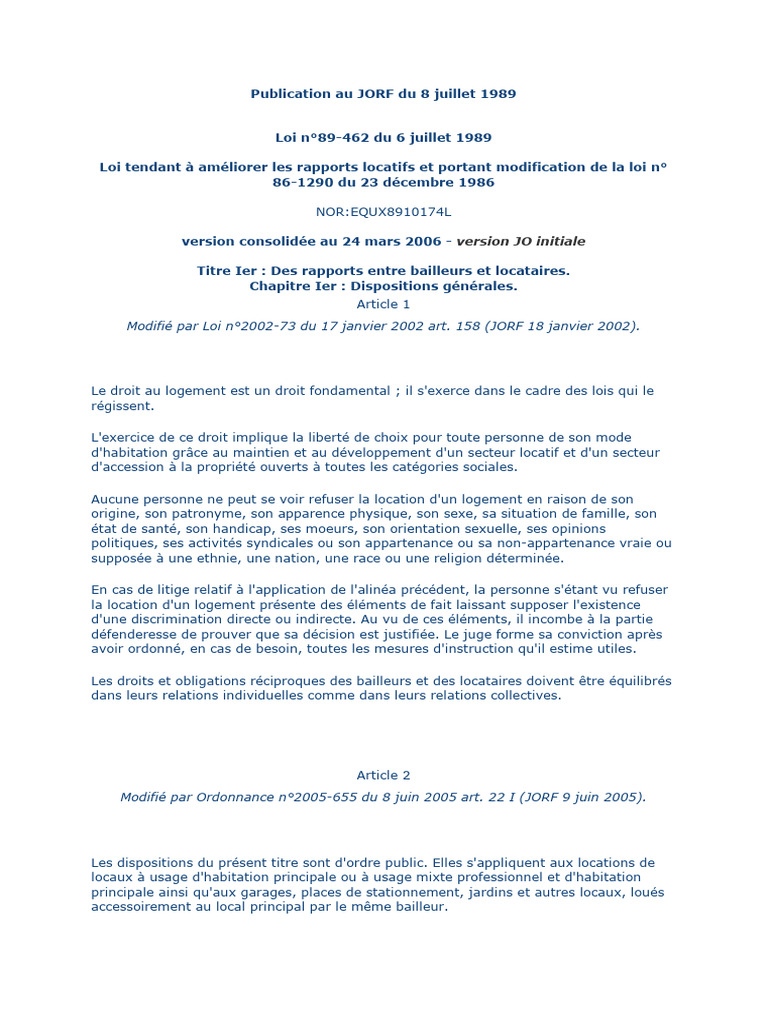 Loi 89 462 Du 6 Juillet 1989 | PDF