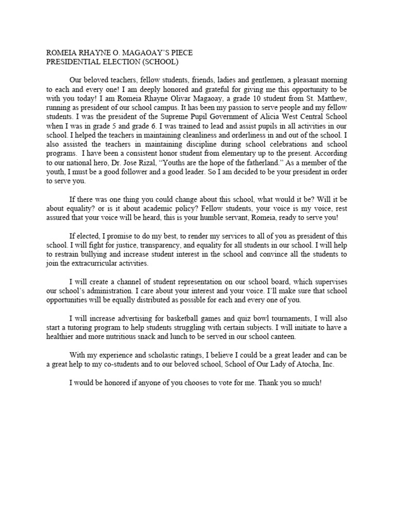 Presidential Speech for School Election | PDF | Wellness