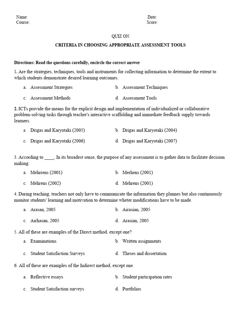 Criteria in Choosing Appropriate Assessment Tools Dizon Quiz | PDF