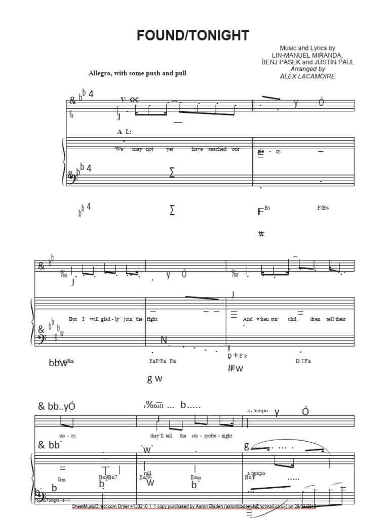 Found Tonight Ben Platt Lin Manuel Sheet Music | PDF | Musical Theatre ...