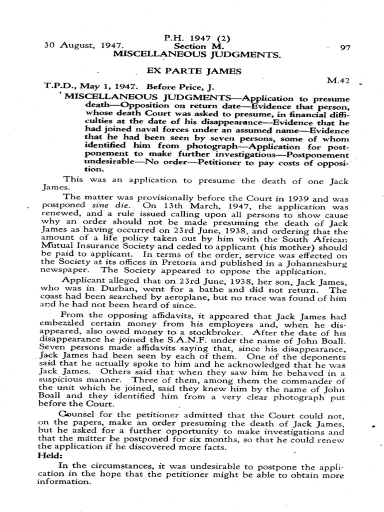 Ex Parte James 1947 (2) PH M42 (TPD) | PDF | Common Law | Justice