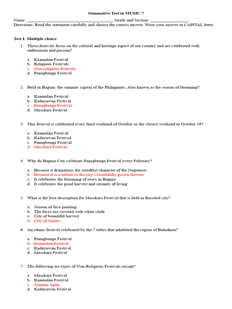 Summative Test in MUSIC 7 | PDF