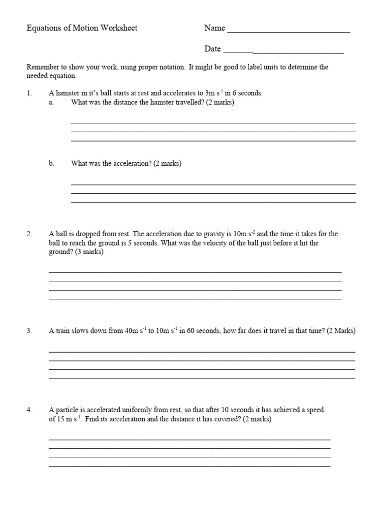 Equations of Motion Worksheet | Download Free PDF | Acceleration ...