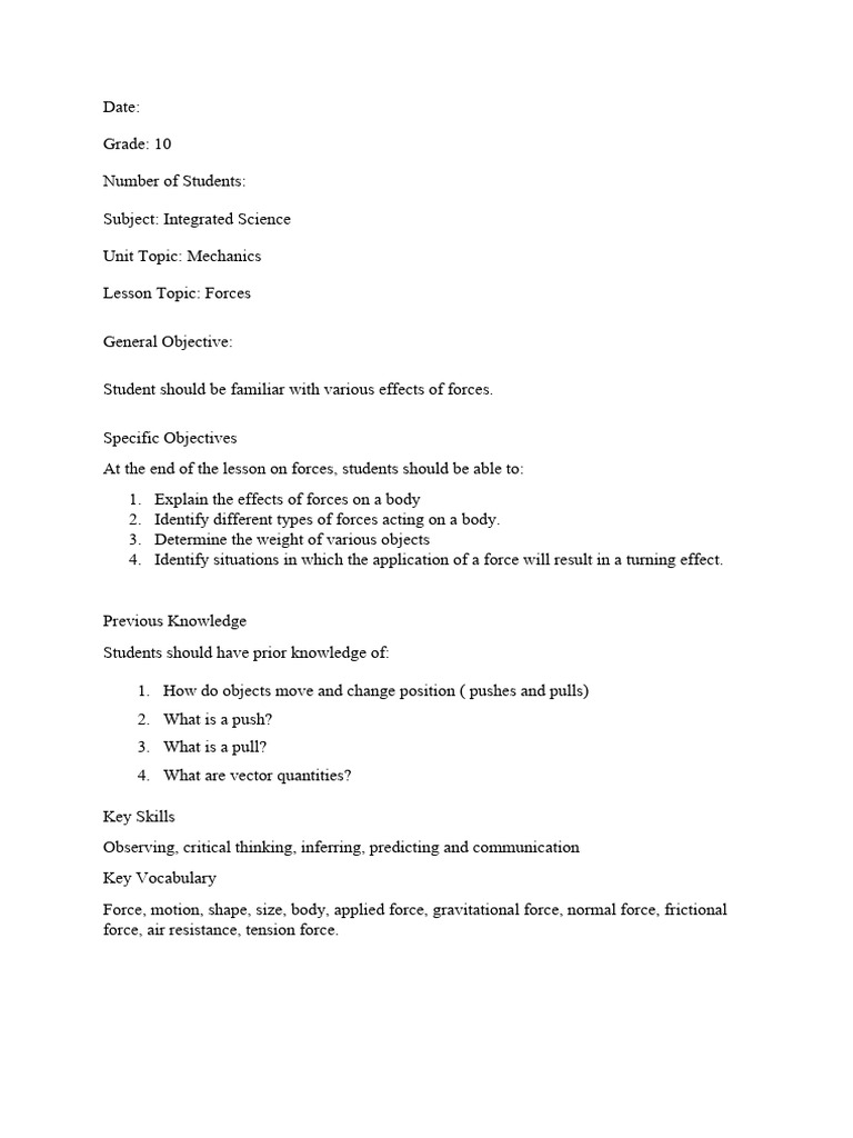 Force Lesson Plan | PDF | Force | Applied And Interdisciplinary Physics