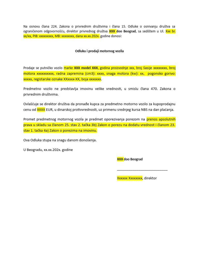 Odluka o Prodaji Motornog Vozila | PDF