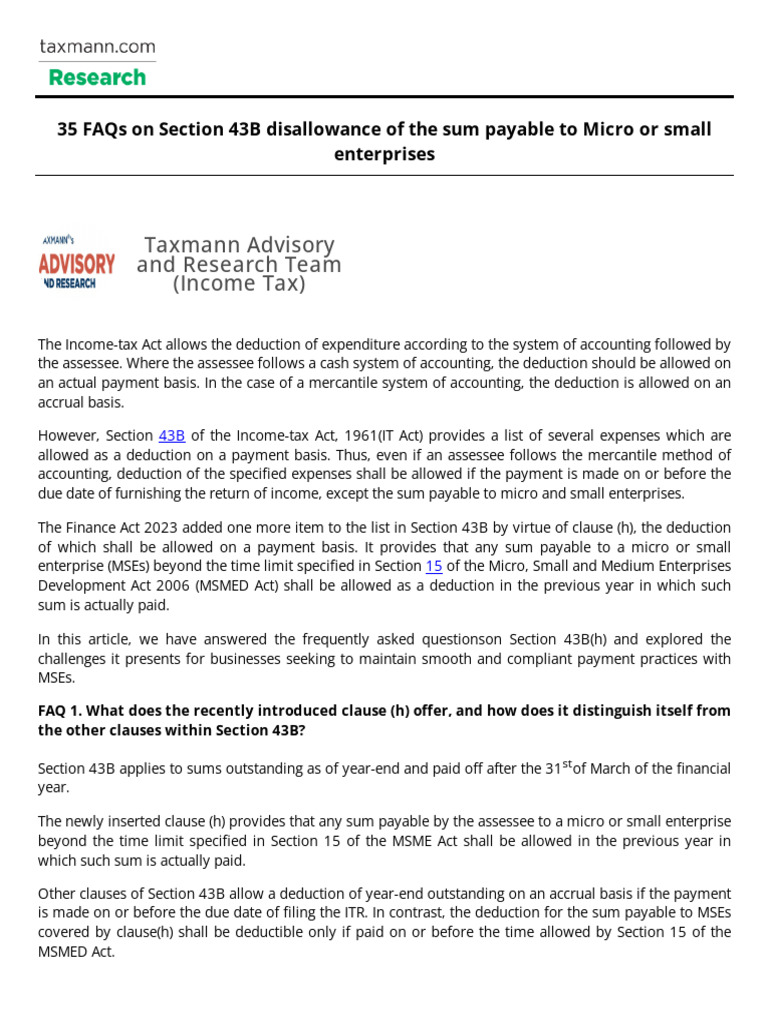 35 FAQs On Section 43B Disallowance of The Sum Payable To Micro or Small Enterprises 35 FAQ ...