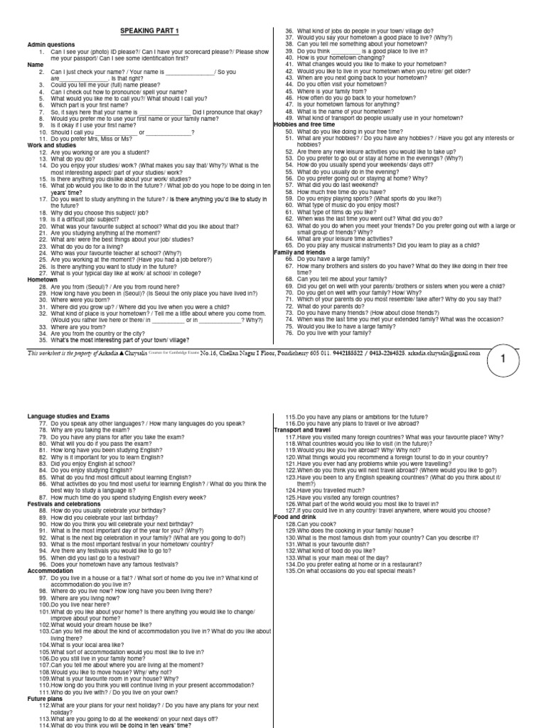 150 Typical Ielts Speaking Part One Questions PDF | Download Free PDF ...