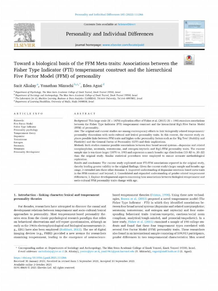 22 Toward A Biological Basis of The FFM Meta-Traits | PDF
