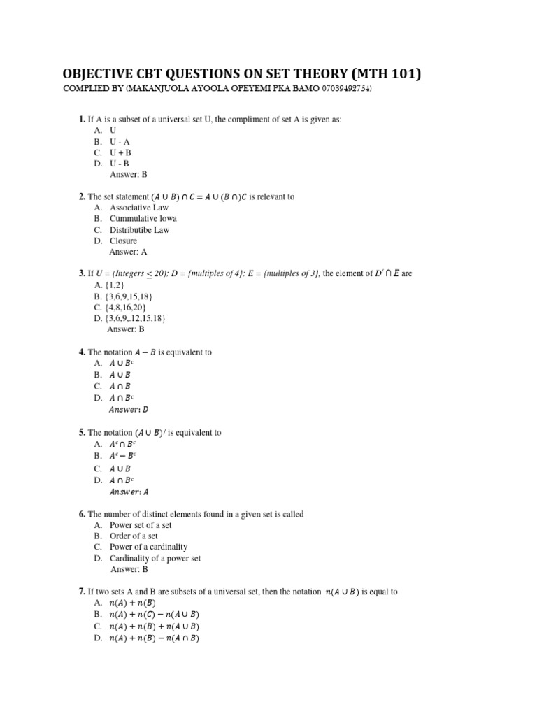 MTH 101 PAST QUESTIONS by ADEBAYO BIM'S 08112601259 Thanks | PDF | Arithmetic | Abstract Algebra