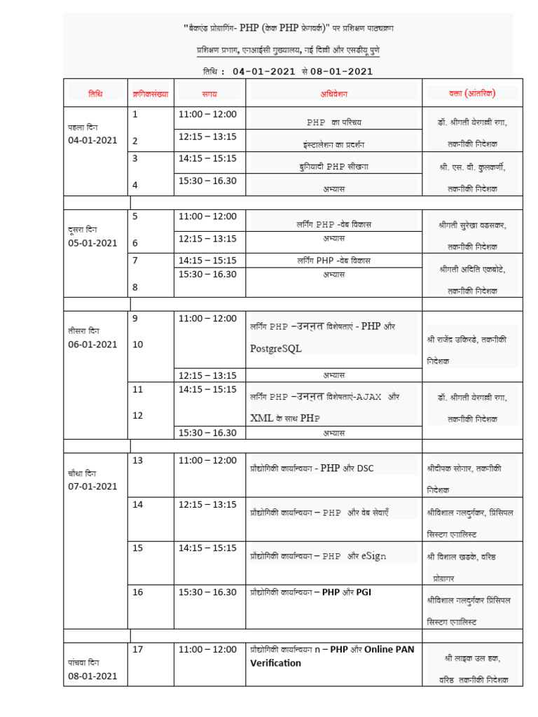 Revised-Short-One-Page-Couse-Schedule-FIVE DAYS-Hindi | PDF