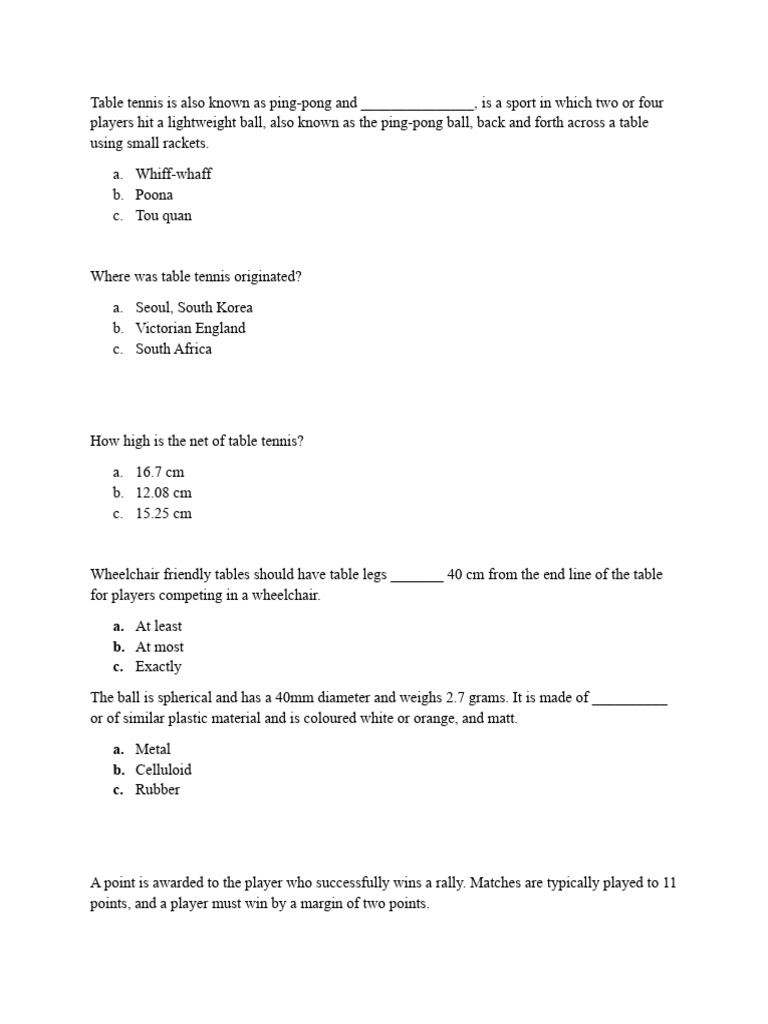 Table Tennis Quiz | PDF
