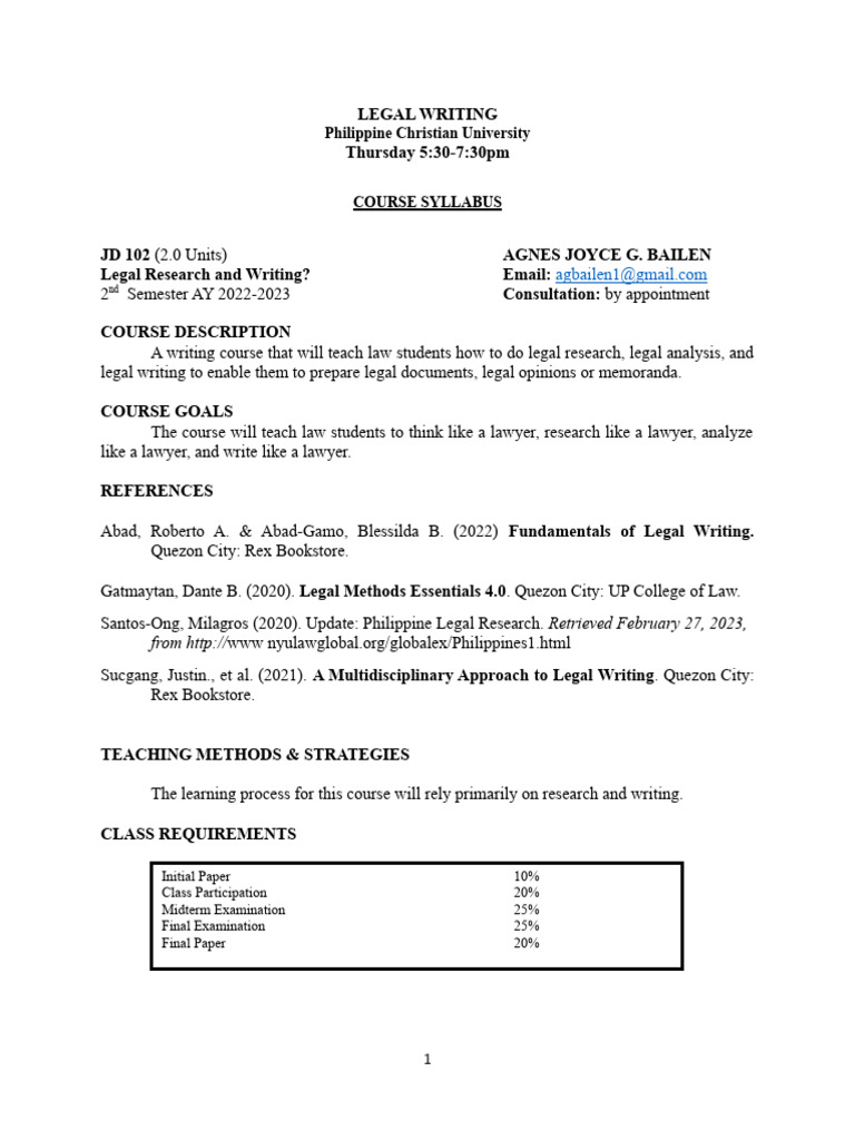 Legal Research and Writing Syllabus | PDF | Precedent | Case Law