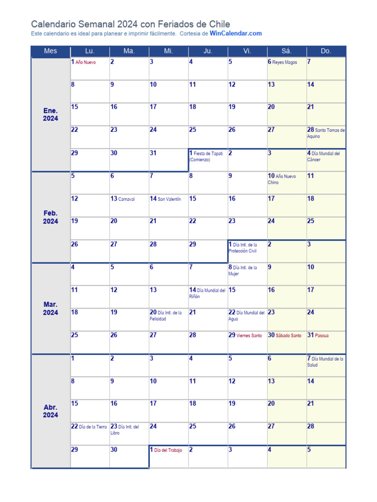 Calendario Semanal 2024 | PDF | Calendario | Observancias