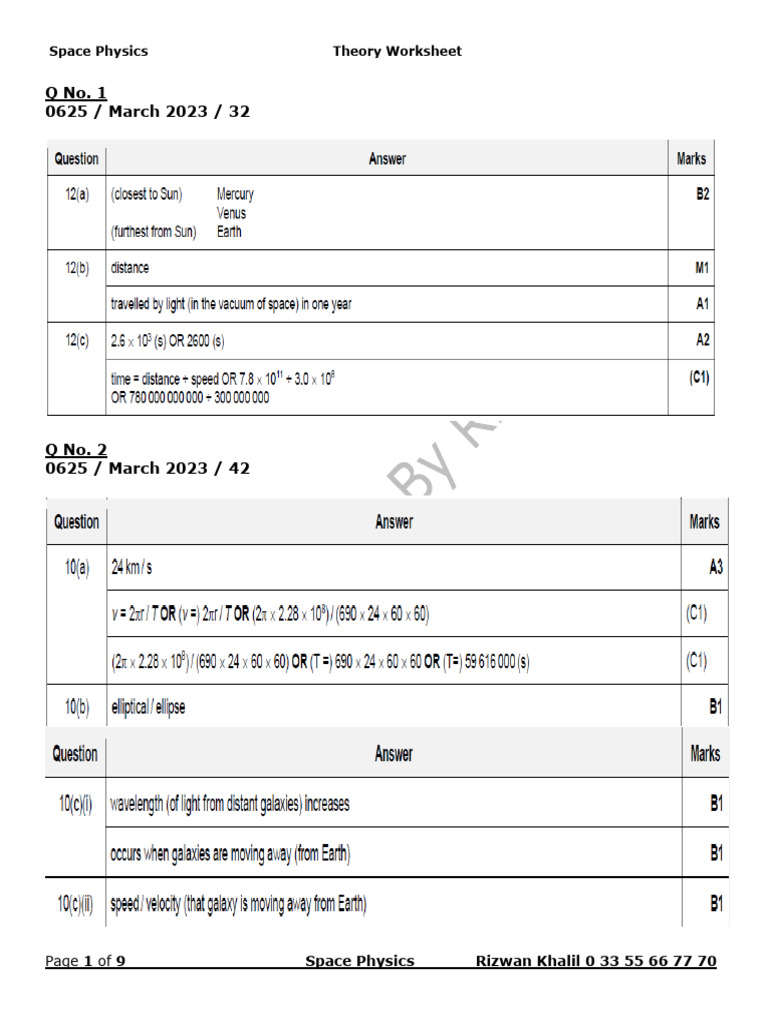 Space Physics - Theory Worksheet - O Levels | PDF | Science & Mathematics