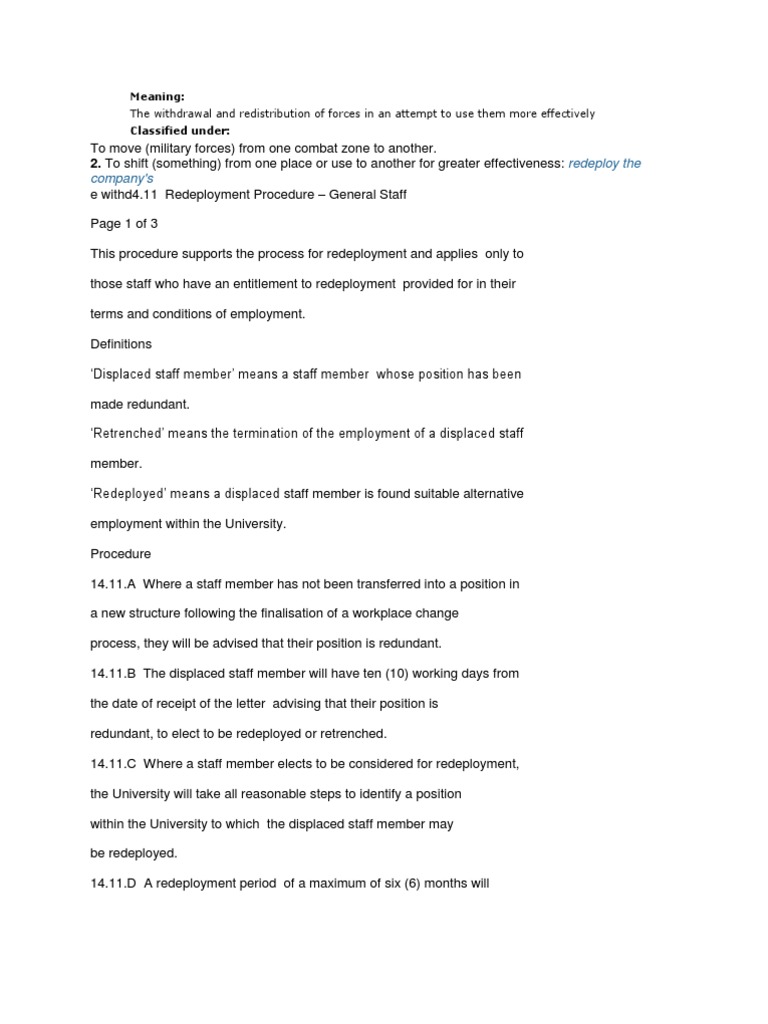 Redeployment Policy and Procedure | PDF | Layoff | Recruitment