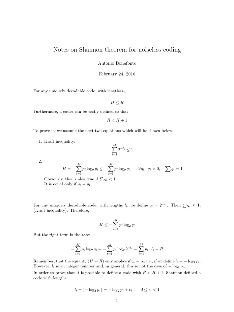 Shannon's Noiseless Coding Theorem | PDF | Statistics | Telecommunications Engineering