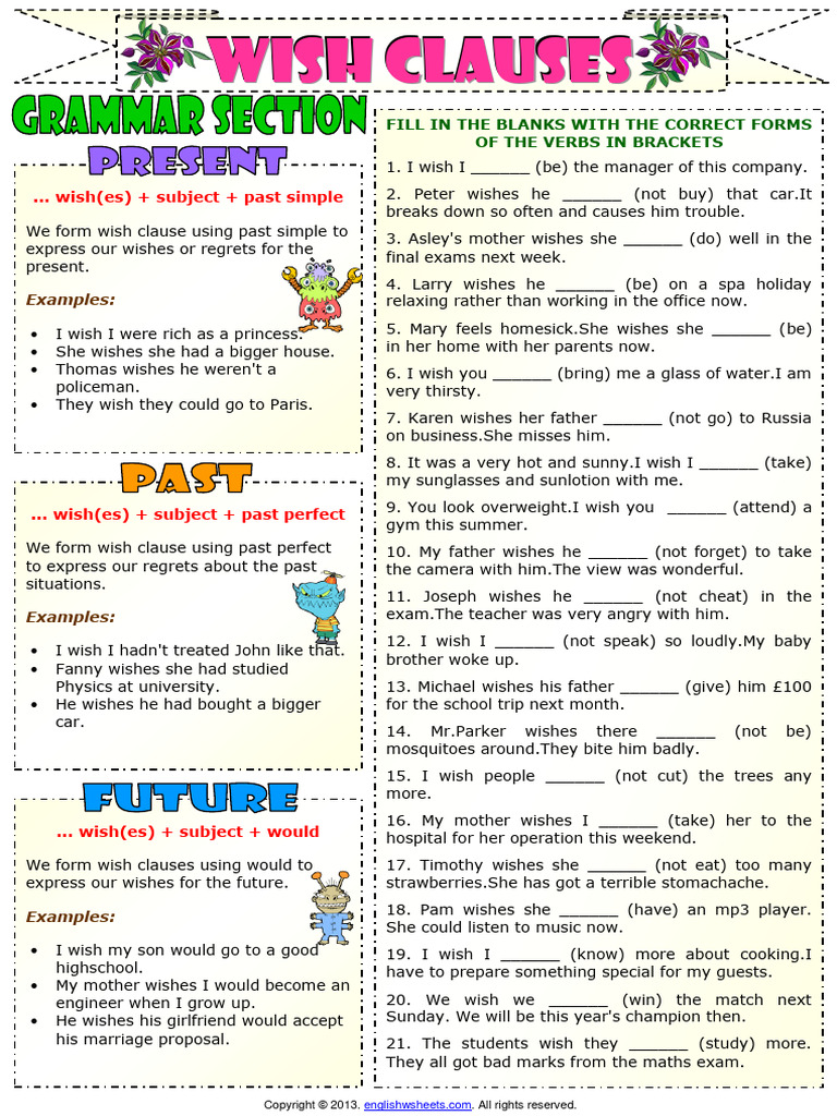 Wish Clauses Worksheet Grammar Explanation | Download Free PDF | Clause | Syntax