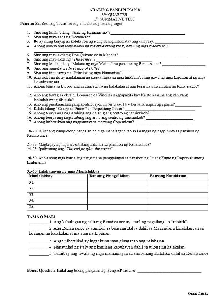 Araling Panlipunan 8 Summative Test-3RD QUARTER-RENAISSANCE | PDF