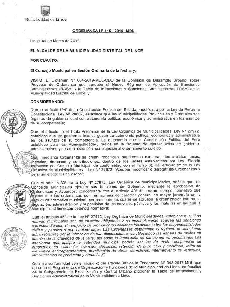 Ordenanza Municipal 415-2019-MDL | PDF