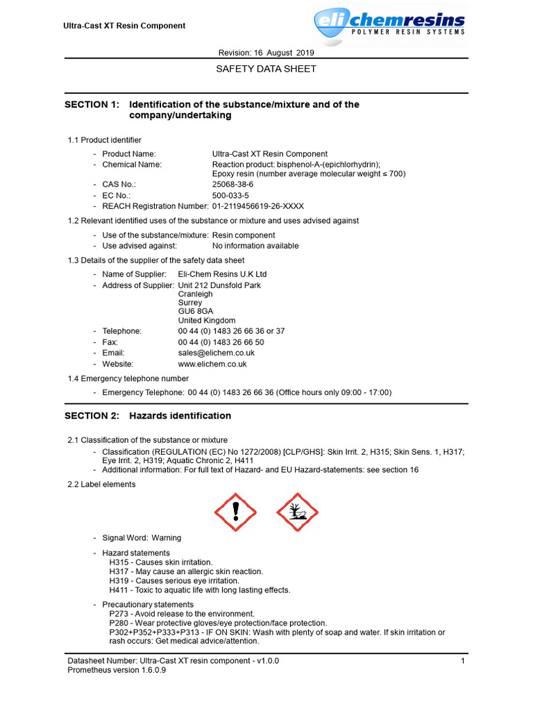 UltraCAST XT Art Resin SDS | PDF | Dangerous Goods | Toxicity