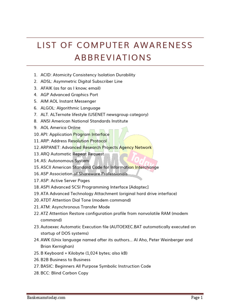 Computer Awareness Abbreviations List | PDF | Internet | Computer Network