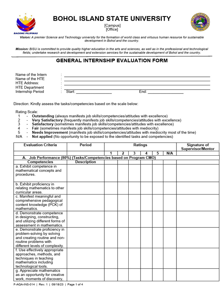 BSED Math - F AQA INS 014 - General Internship Evaluation Form | PDF ...
