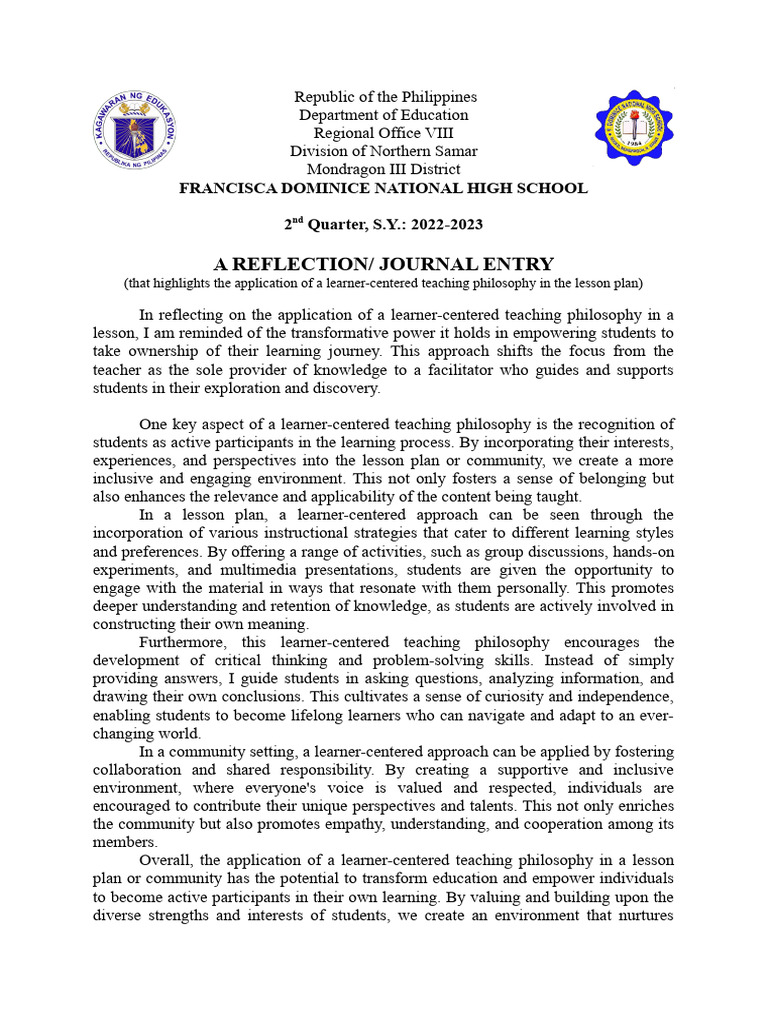 Reflection Philosophy | PDF | Lesson Plan | Learning