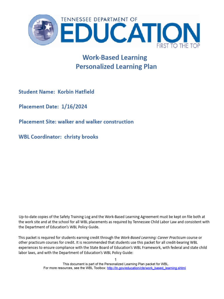 Korbin Hatfield - WBL Personalized Learning Plan Packet | PDF | Experience | Learning