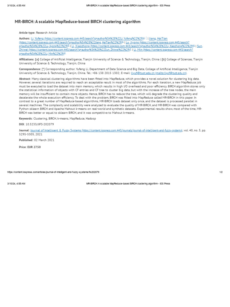 MR-BIRCH - A Scalable MapReduce-based BIRCH Clustering Algorithm - IOS Press | PDF | Cluster ...