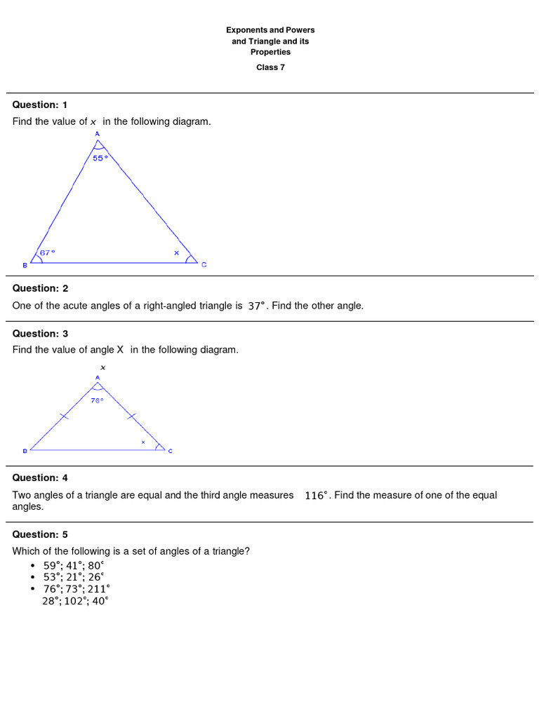 Triangle Angles and Exponents Questions | PDF | Triangle | Elementary Geometry