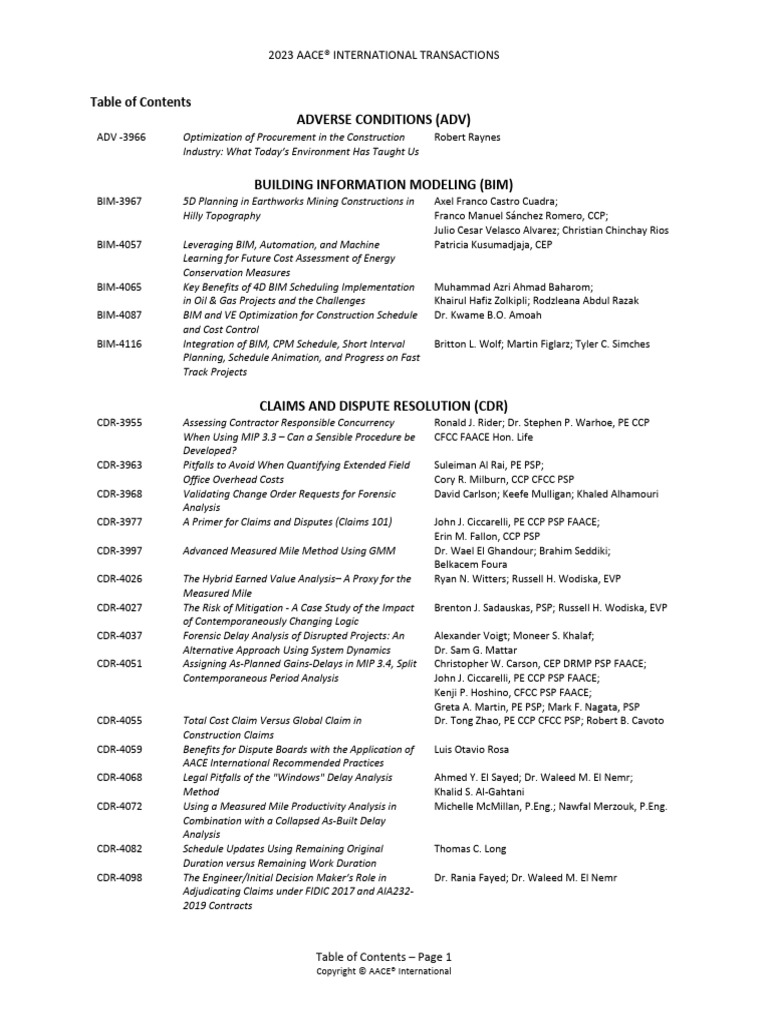 2023 AACE Conference Transactions - Table of Contents | PDF | Risk ...