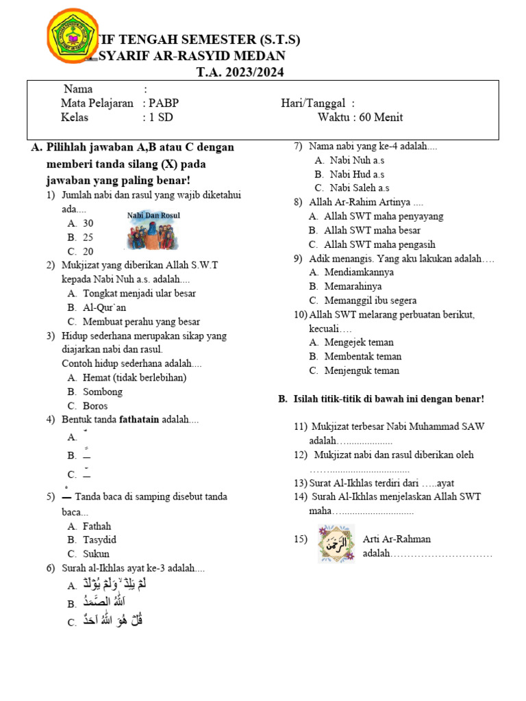 Soal Sumatif PABP Kelas 1 Mar 24 | PDF