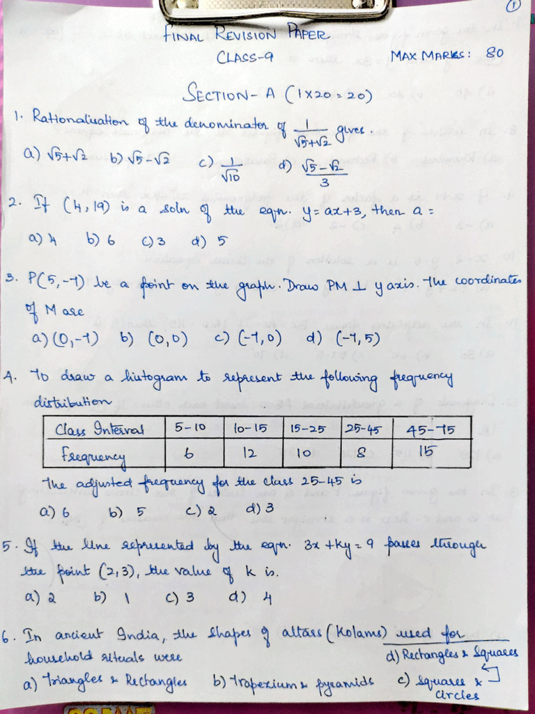 Class 9 Mathematics Revision Paper | PDF