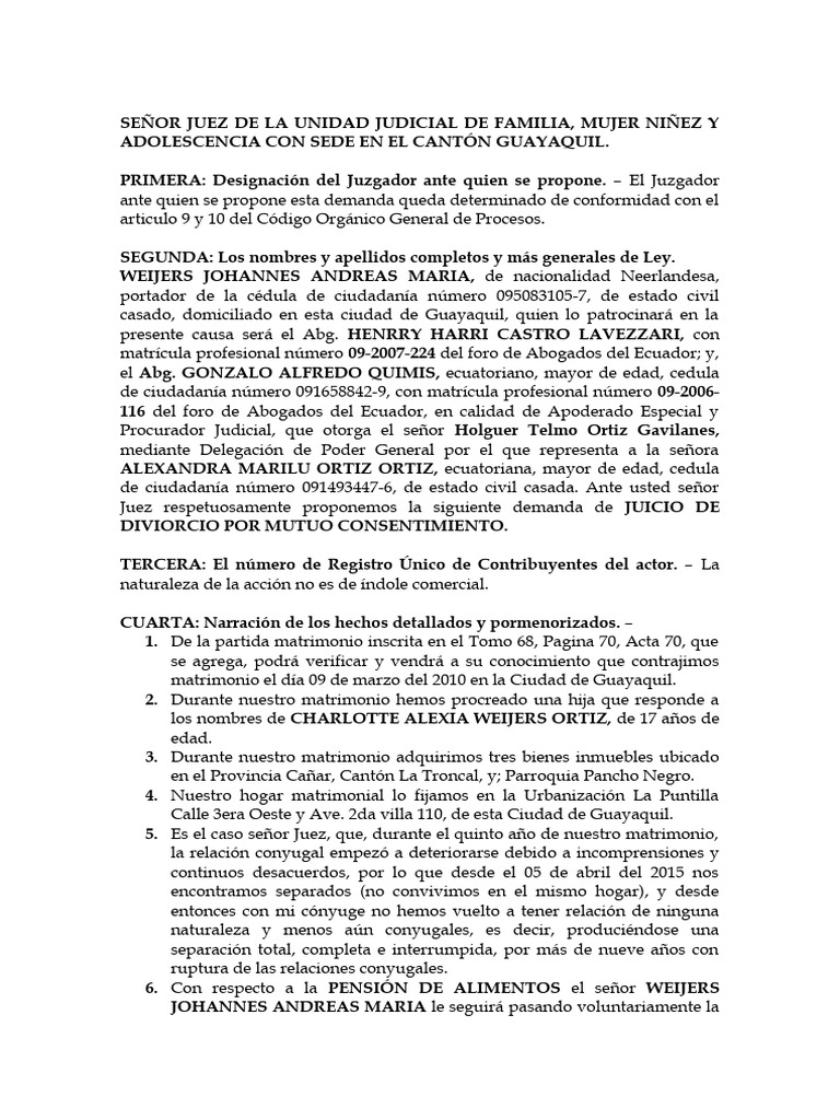 Demanda Divorcio Por Mutuo Consentimiento | PDF