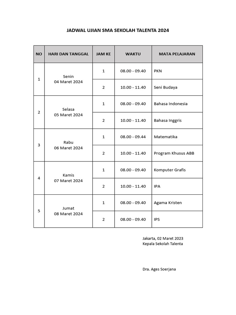 Jadwal Ujian Sma Sekolah Talenta 2024 | PDF