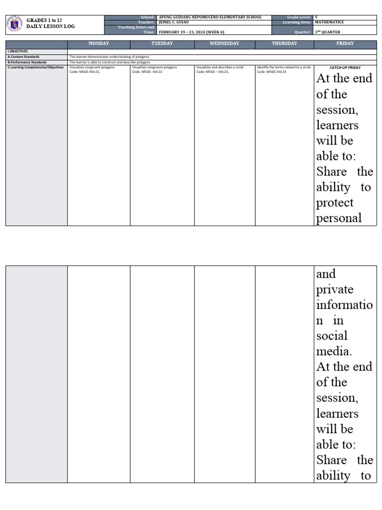 DLL - Mathematics 5 - Q3 - W4 | PDF | Circle | Shape