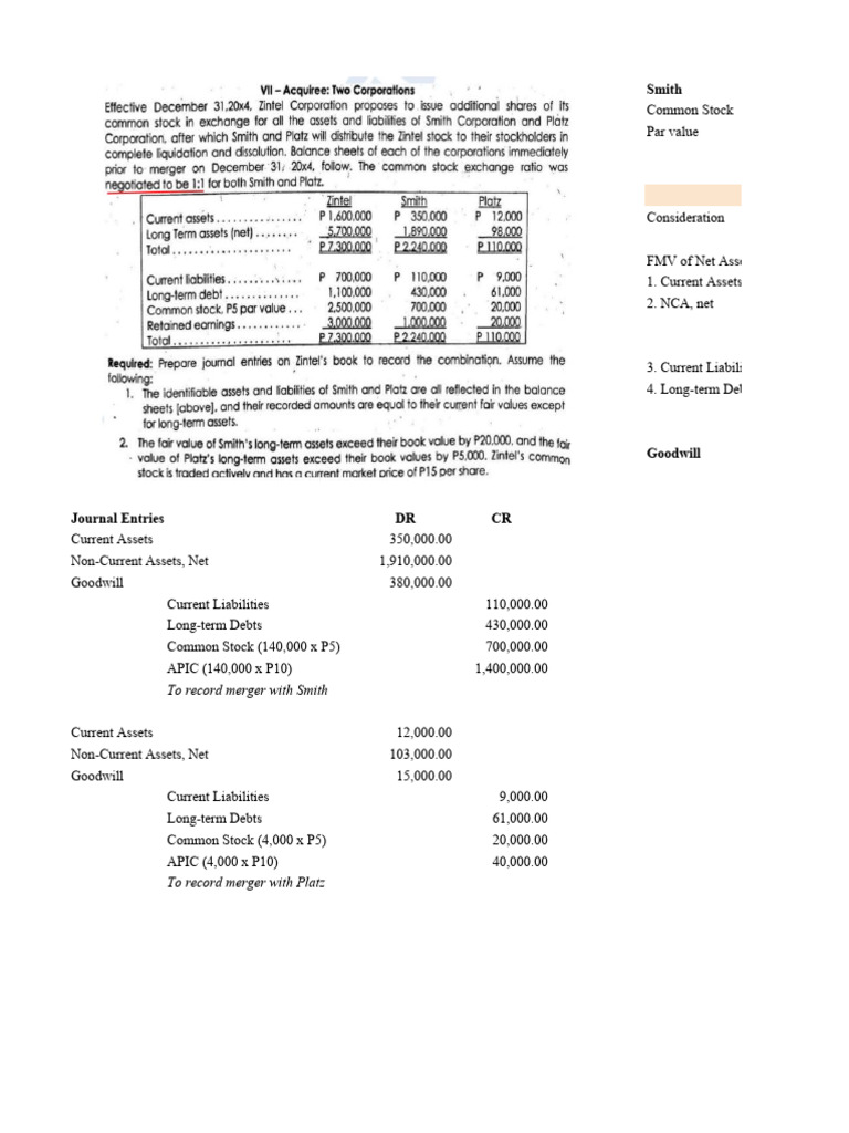 Financial Merger Journal Entries | PDF