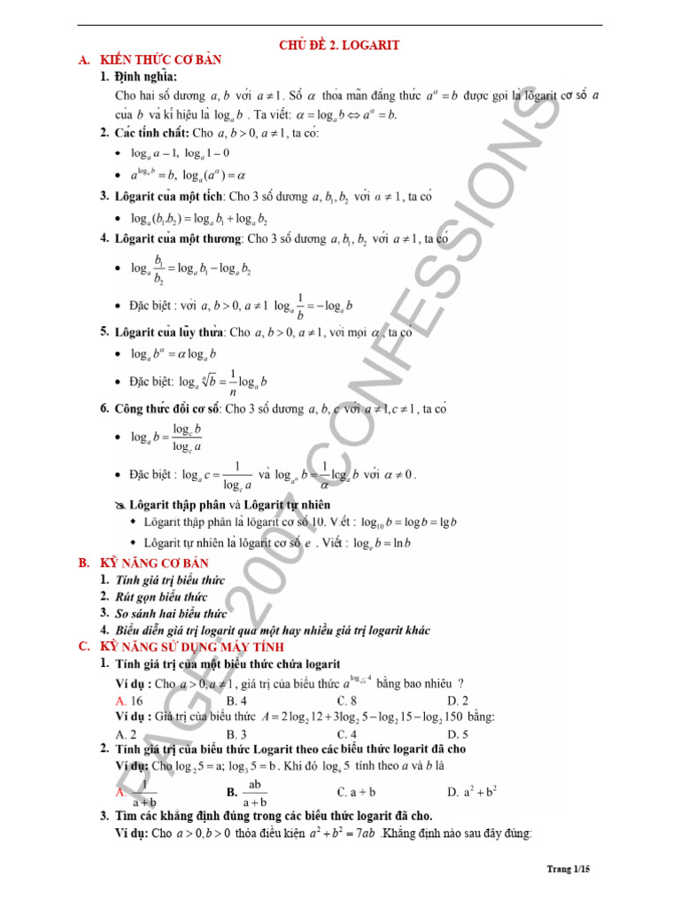 Lý thuyết và bài tập trắc nghiệm logarit | PDF