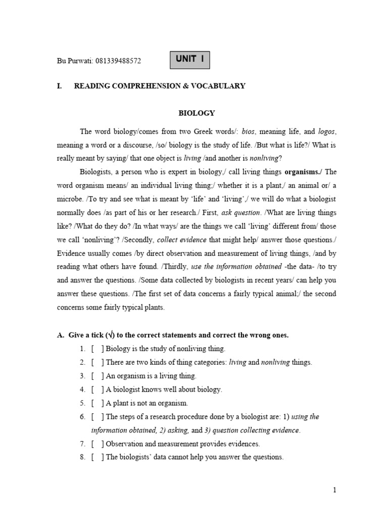 Understanding Biology Comprehension | PDF | Reading Comprehension | Idea