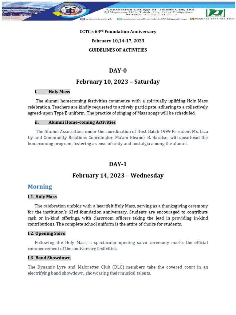 Guidelines For 63rd Foundation Anniversary Activities | PDF