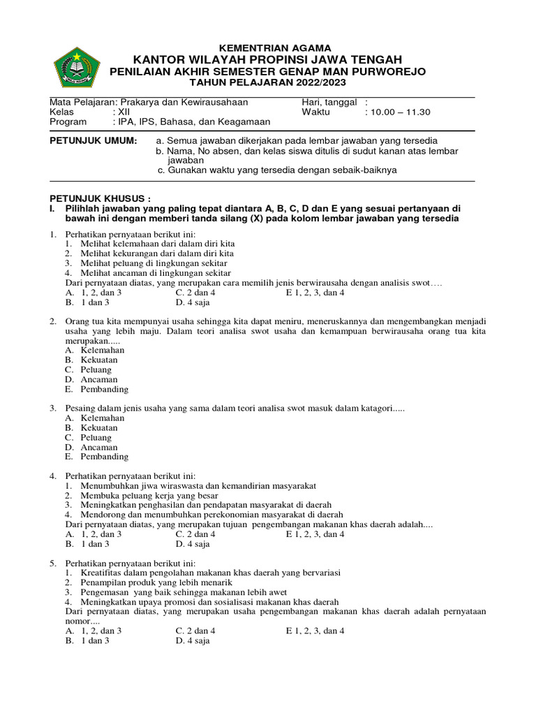 Soal PAS Semester Genap XII 2022 2023 | PDF